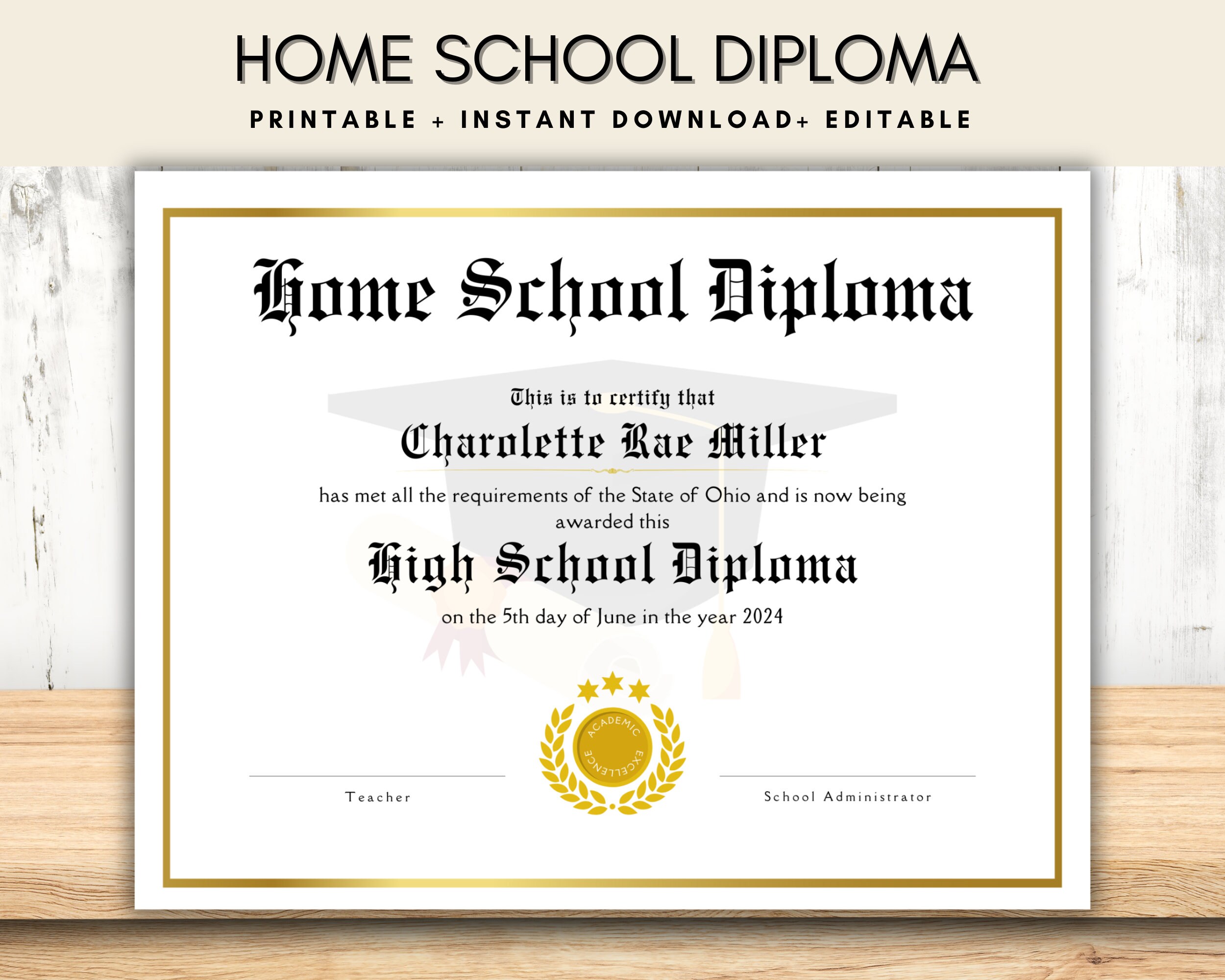 High School Diploma Template, Editable High School Diploma for Home ...