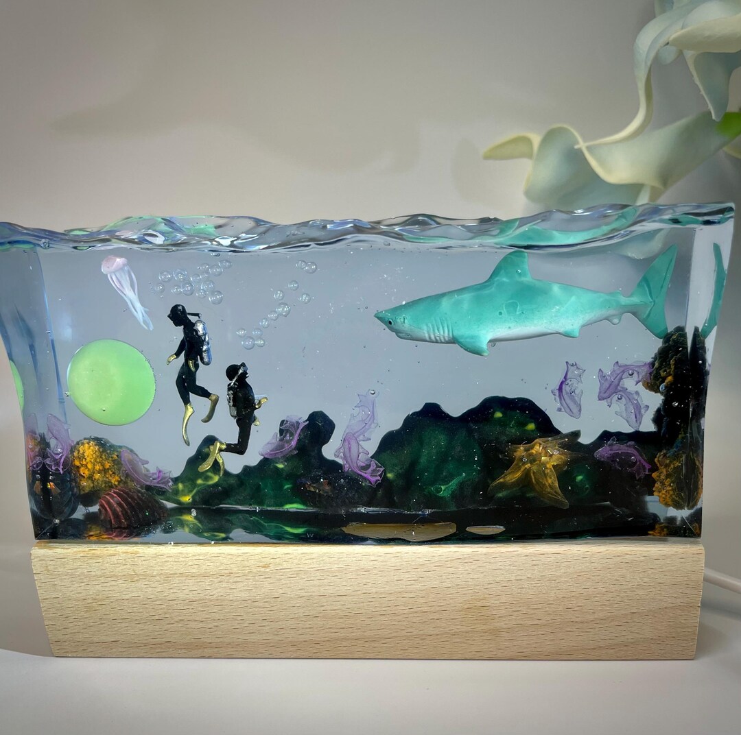 Colorful Underwater Scene With Orb, Divers, and Shark - Etsy