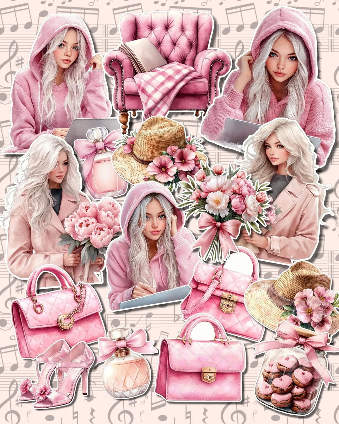 Lot De 17 Stickers Pink Girl on Laptop for Journaling| Scrapbooking ...