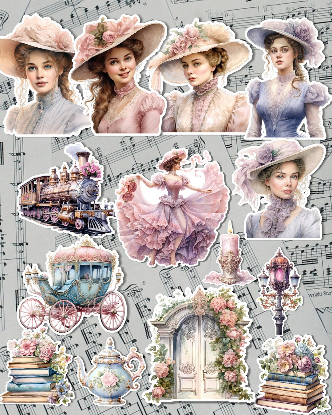 Set of 15 Stickers Victorian Girls Life in Poster Colors for Journaling ...