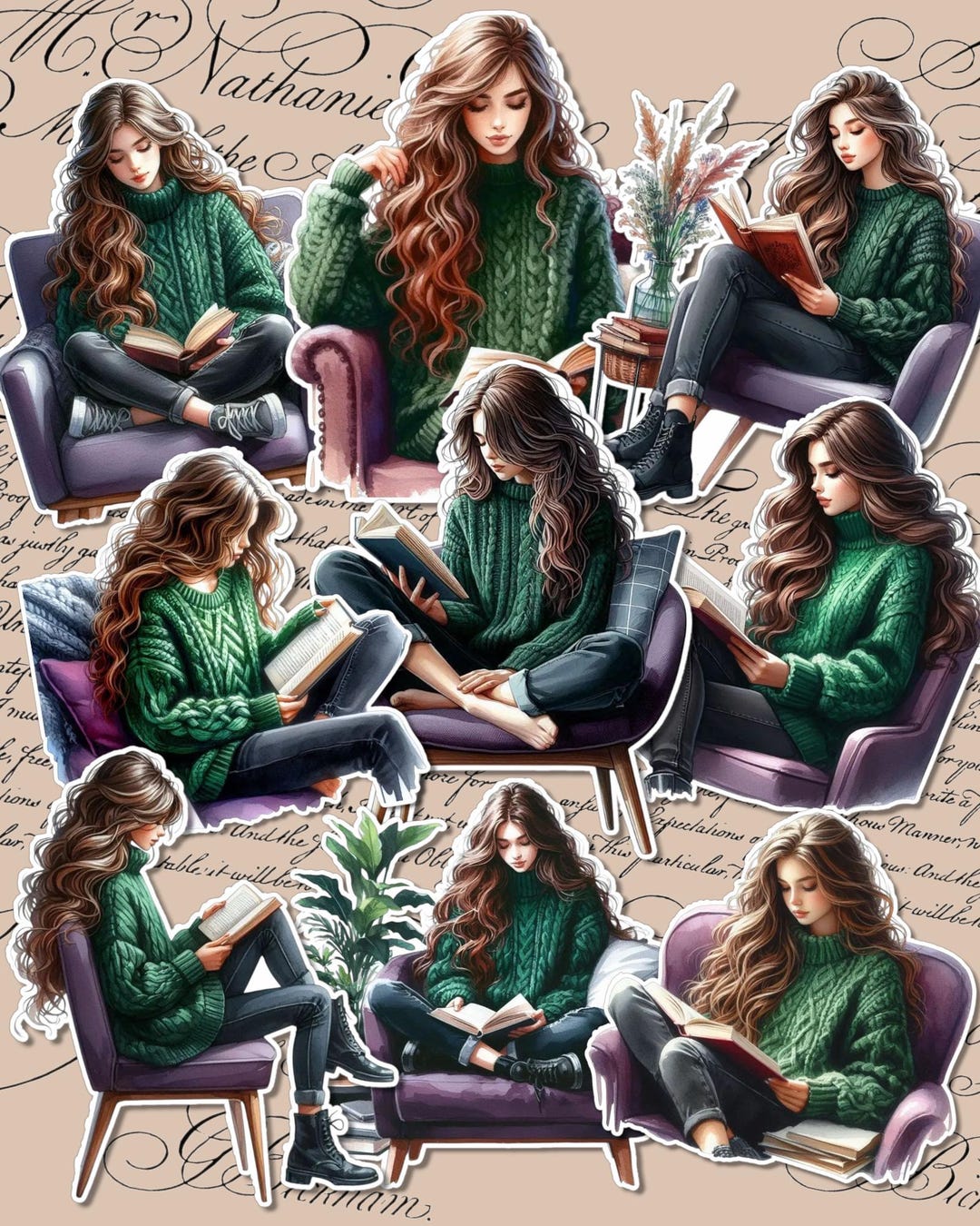 Set of Beautiful Reading Girls Sitting in Cozy Corner for Journaling ...