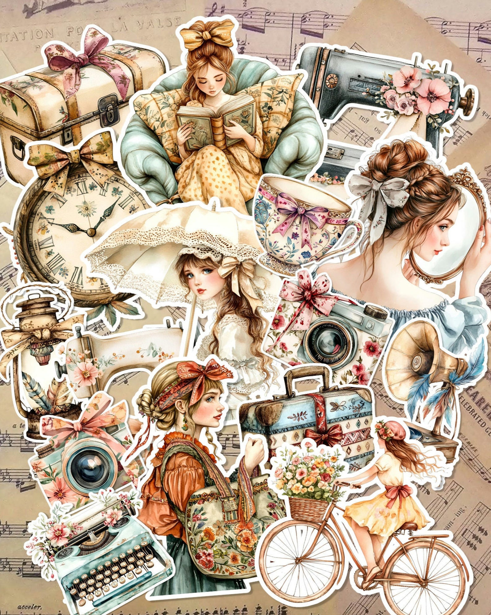 Lot De 17 Stickers Antique Lifestyle for Journaling| Scrapbooking ...