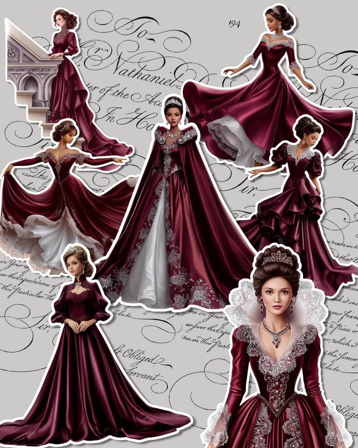 Set of Queens in Red Wine Royal Dress for Journaling | Scrapbooking ...