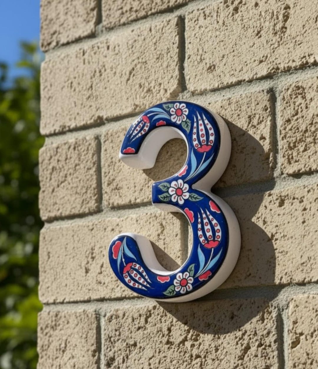 Floral Tile Pattern Ceramic House Number - Navy Blue Door Decor - Etsy