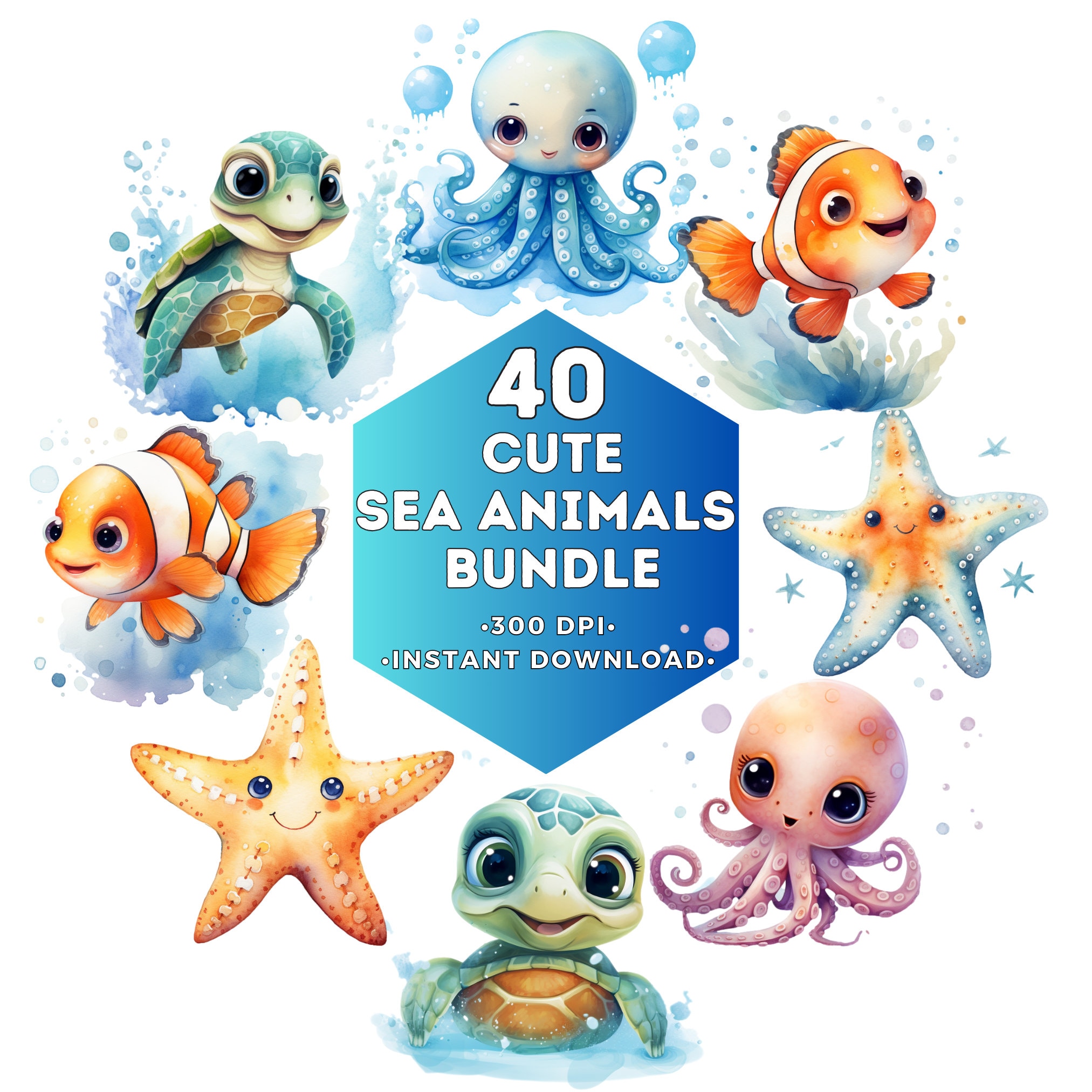 Cute Baby Sea Animals Sea Animal Clipart Watercolor Clipart - Etsy