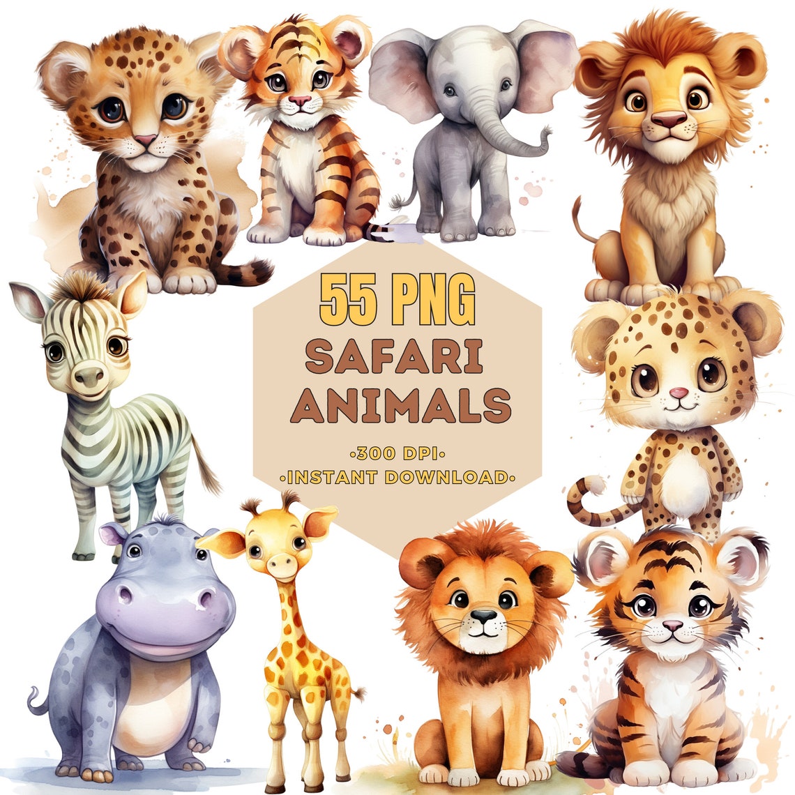Cute Baby Safari Animals Safari Animal Clipart Watercolor - Etsy