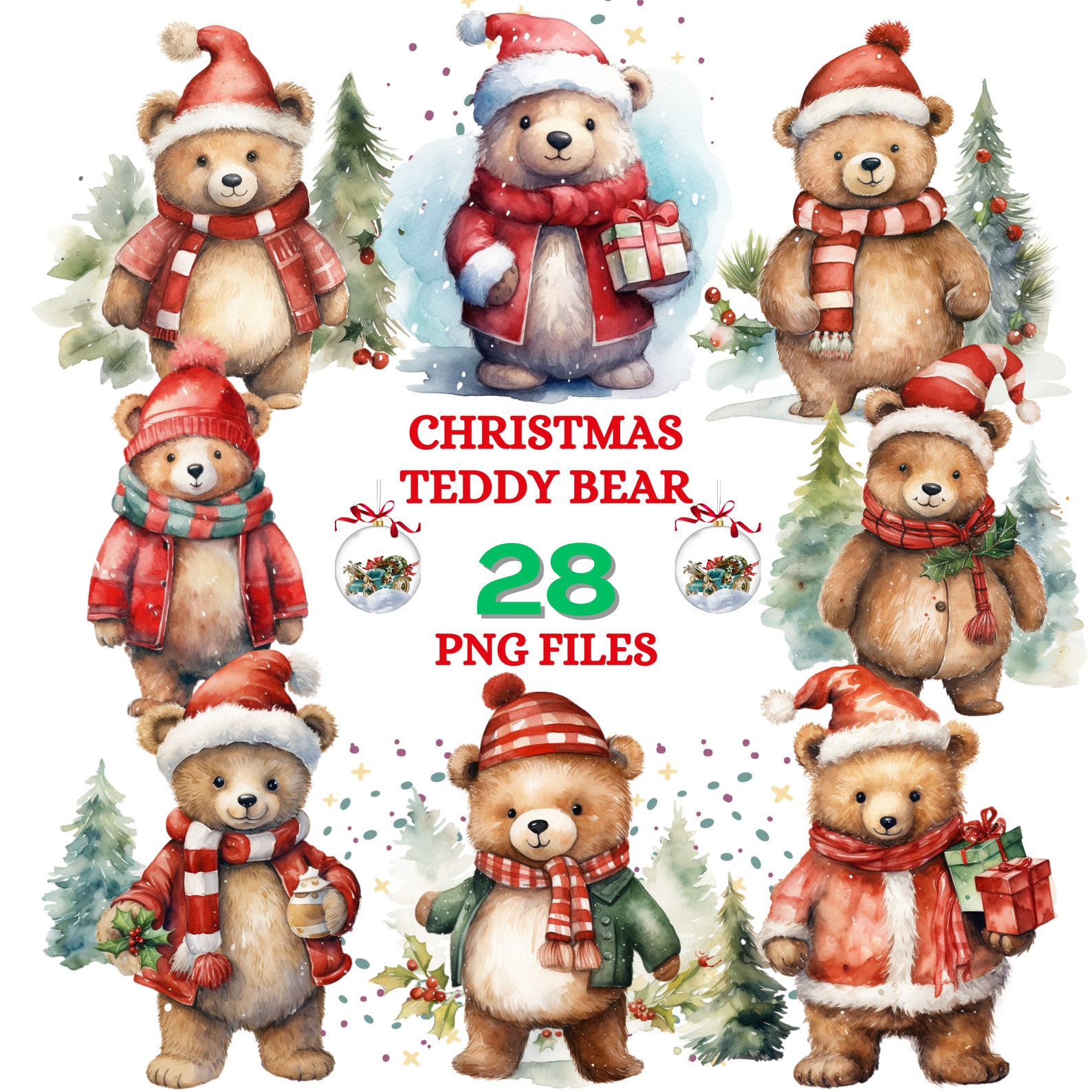 Cute Christmas Teddy Bear, Christmas Clipart,watercolor Cute Teddy Bear ...