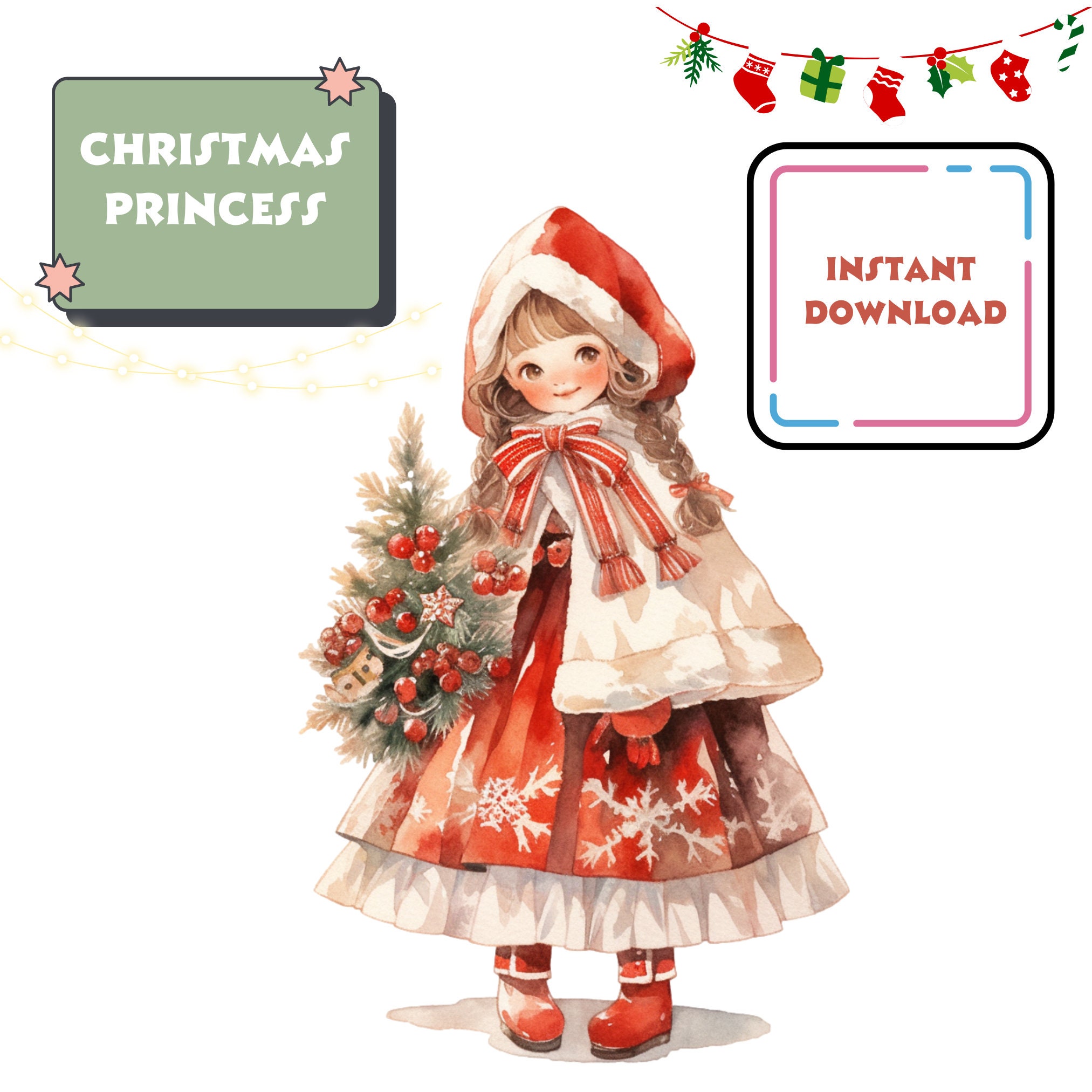 Cute Christmas Princess, Cartoon Style, Christmas Clipart, Princess ...
