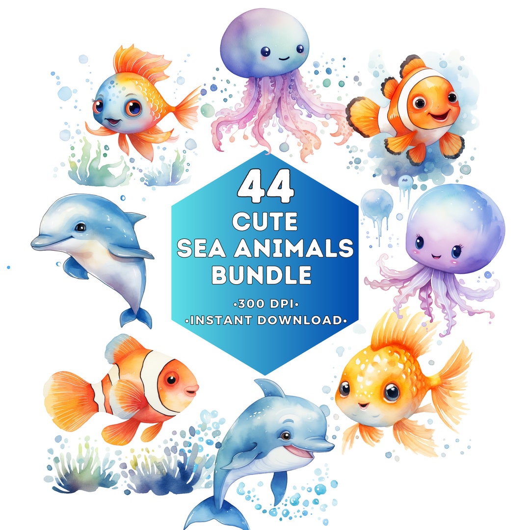 Cute Baby Sea Animals, Sea Animal Clipart, Watercolor Clipart, Cute ...