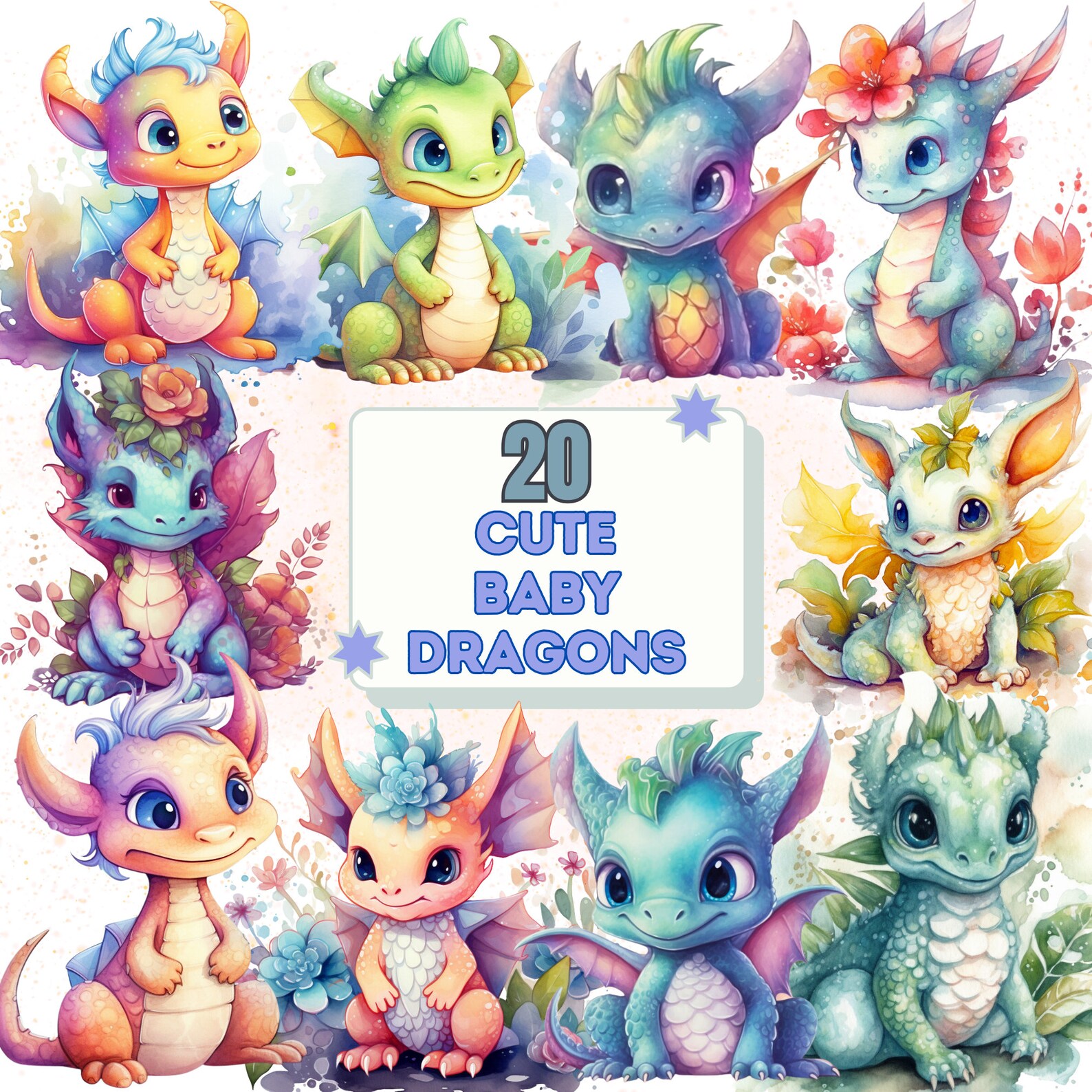 Cute Baby Dragons, Fairy Tale Clipart, Watercolor Style, Baby Dragon ...