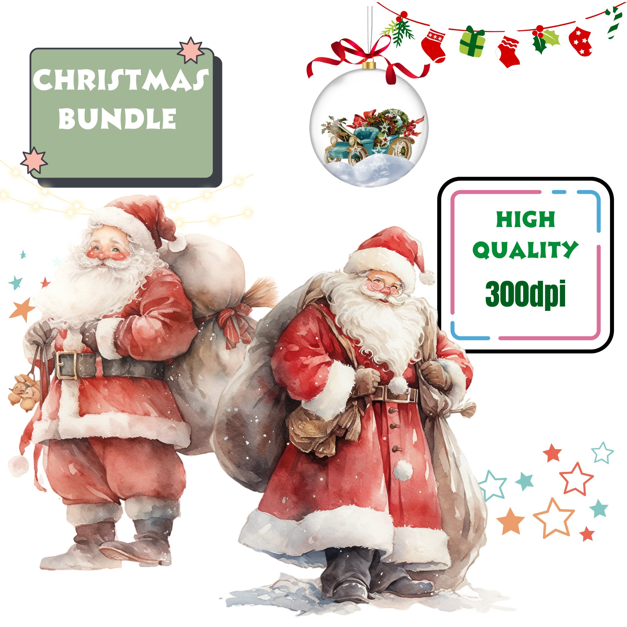 Santa Claus Bundle, Vintage Santa Claus, Watercolor Style, Cartoon ...