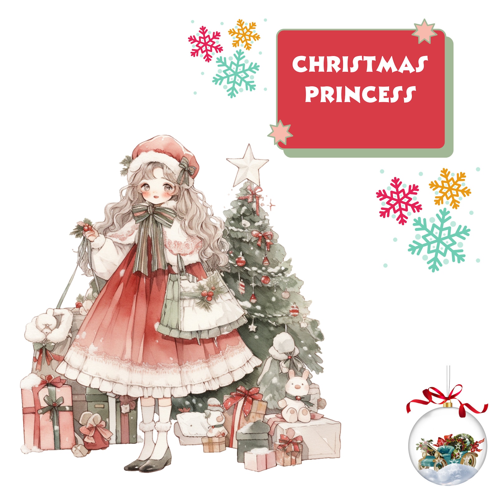 Cute Christmas Princess, Cartoon Style, Christmas Clipart, Princess ...