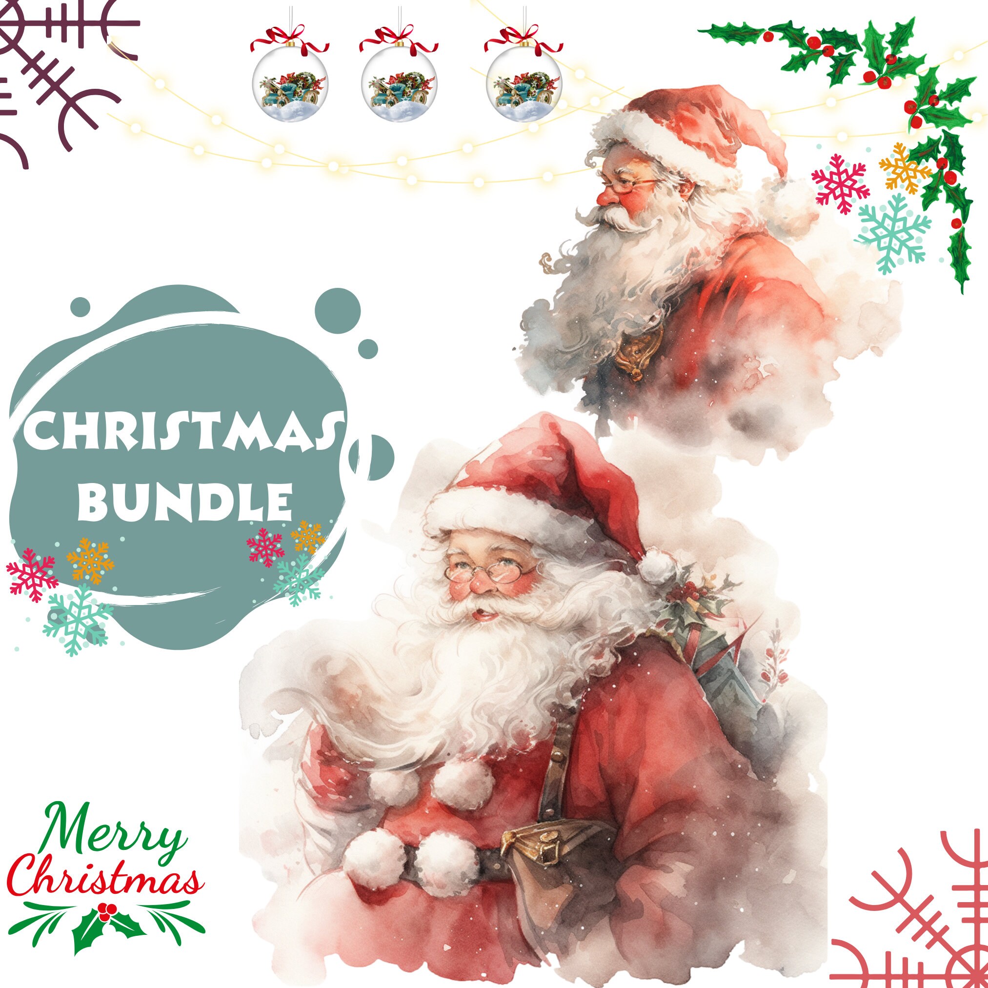 Santa Claus Bundle, Vintage Santa Claus, Watercolor Style, Cartoon ...