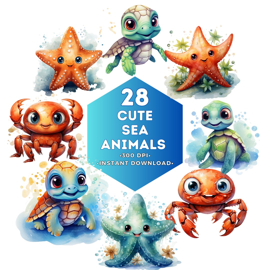 Cute Baby Sea Animals, Baby Turtle, Sea Animal Clipart, Watercolor ...