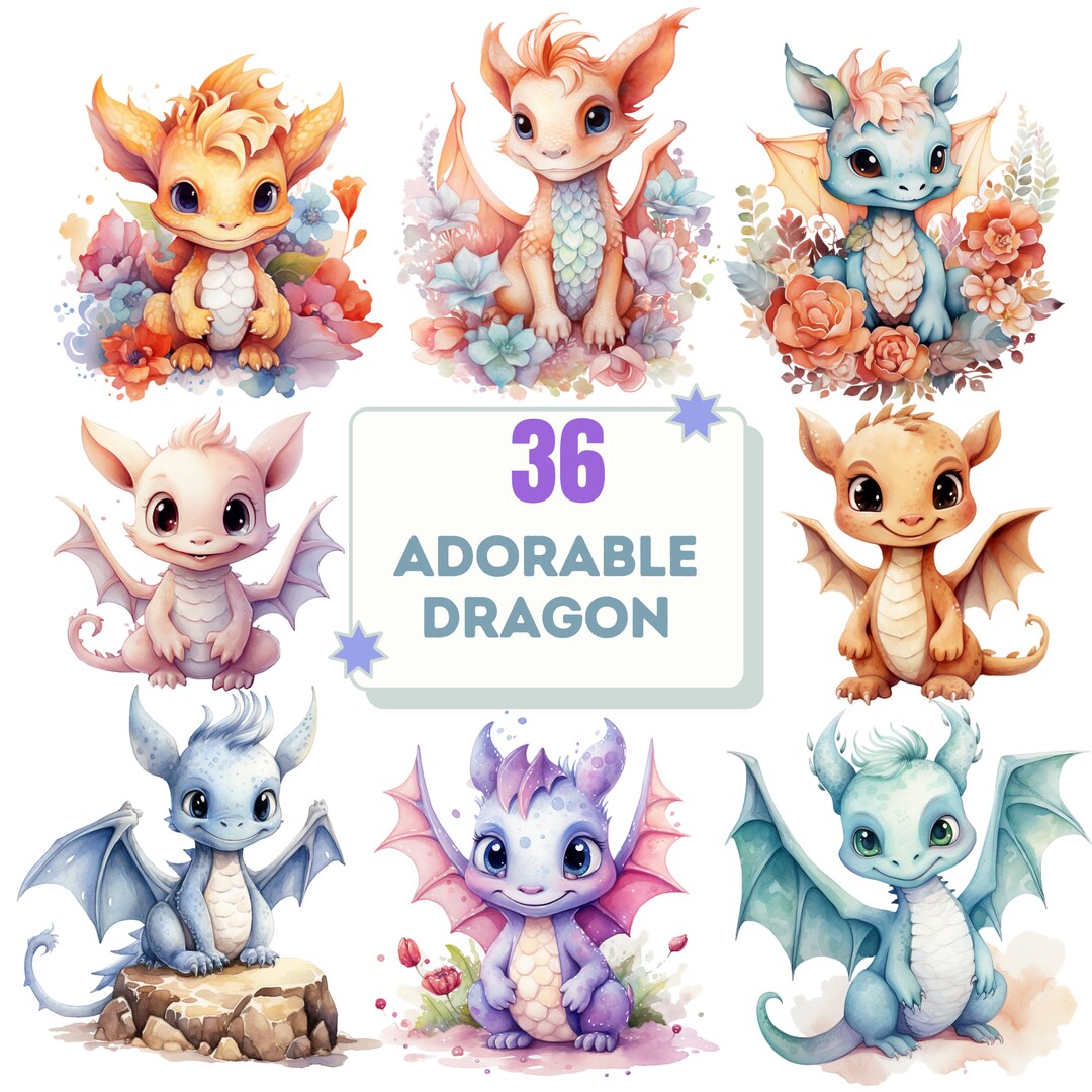 Cute Baby Dragons, Fairy Tale Clipart, Watercolor Style, Baby Dragon ...