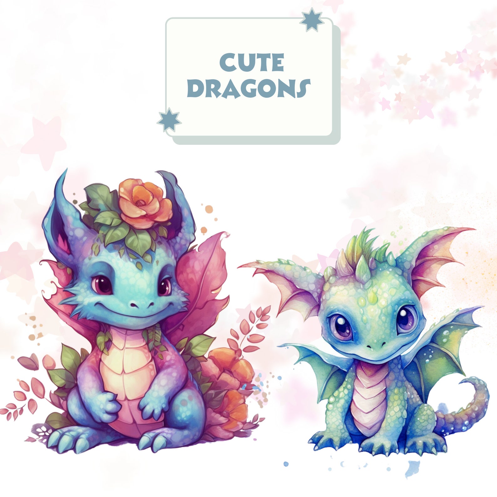 Cute Baby Dragons, Fairy Tale Clipart, Watercolor Style, Baby Dragon ...