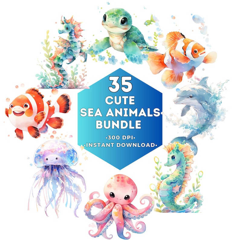 Cute Baby Sea Animals, Sea Animal Clipart, Watercolor Clipart, Cute ...
