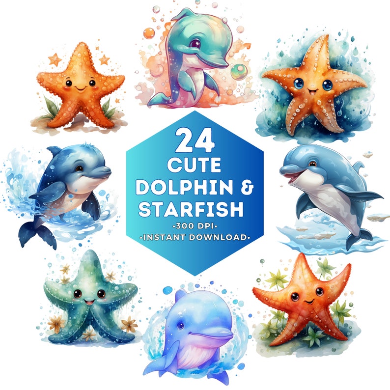 Cute Baby Sea Animals, Baby Dolphin, Sea Animal Clipart, Watercolor ...