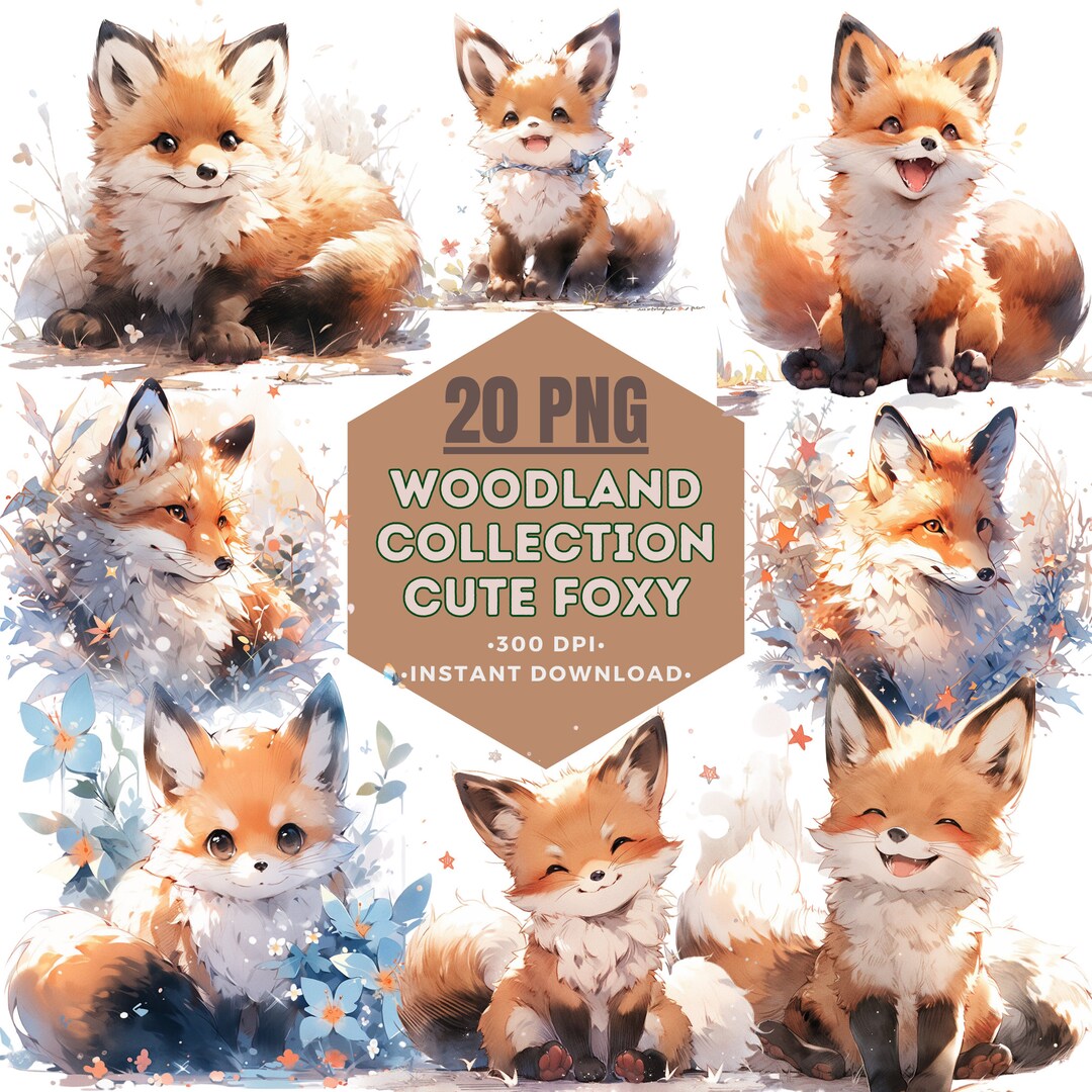 Sweet Little Fox, 20 PNG, Woodland Animal Clipart, Watercolor Clipart ...