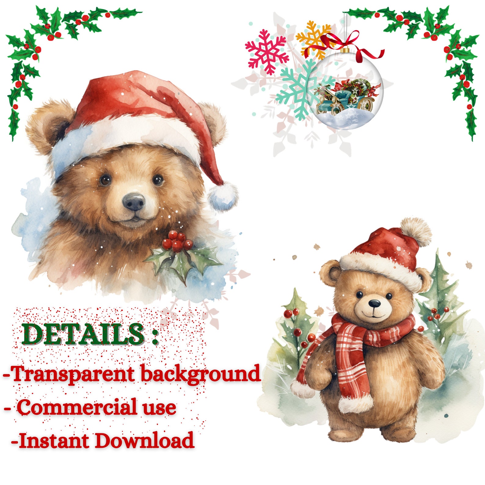 Cute Christmas Teddy Bear, Christmas Clipart,watercolor Cute Teddy Bear ...