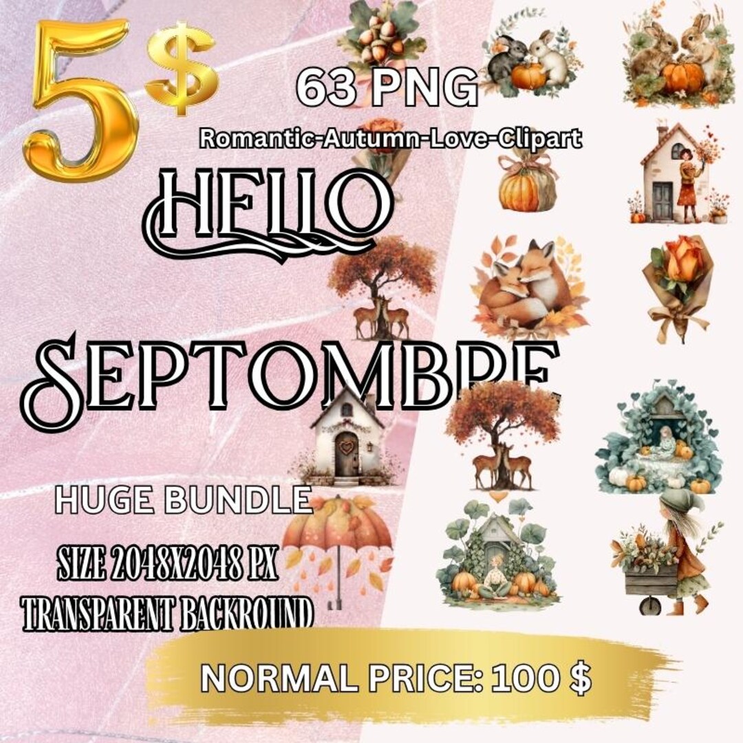 Romantic Autumn Clipart Bundle Hello September Fall PNG SVG Set With ...