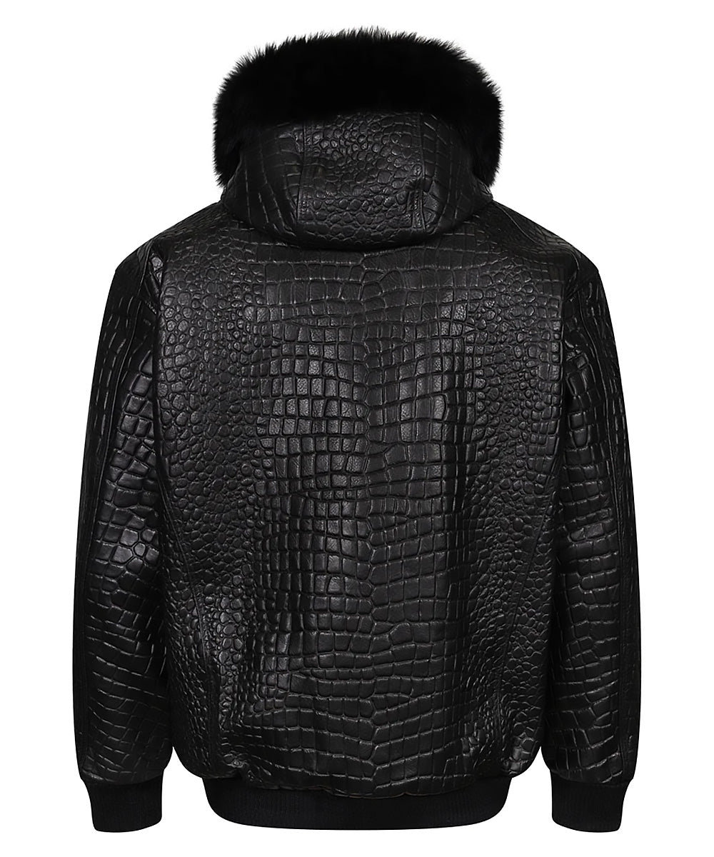 Men's Real Leather Jacket Crocodile Embossed Jacket Fur Hood Biker Black Jacket Personalized ...