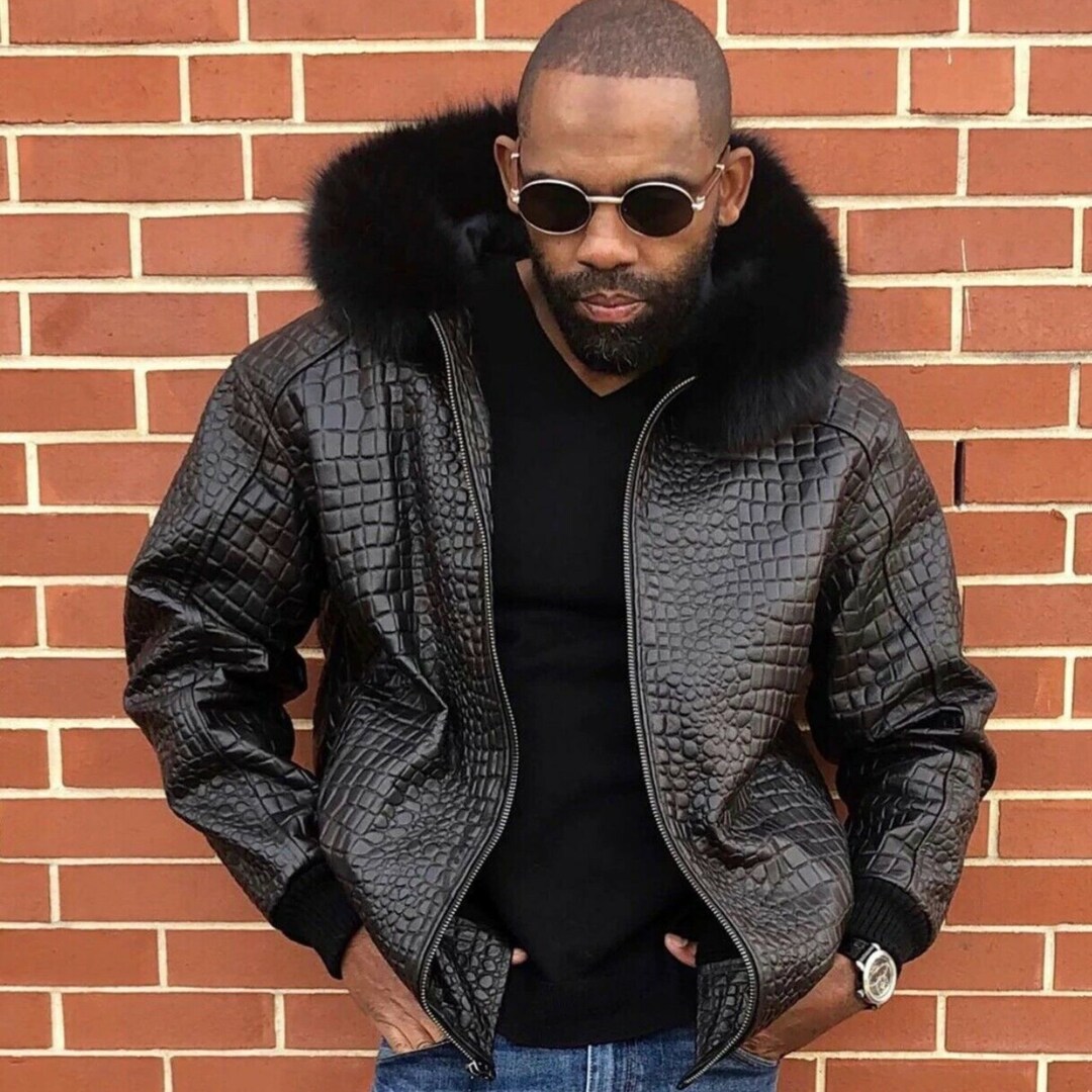Men's Real Leather Jacket Crocodile Embossed Jacket Fur Hood Biker ...