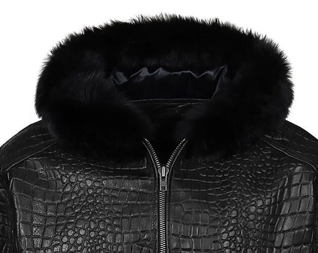 Men's Real Leather Jacket Crocodile Embossed Jacket Fur Hood Biker ...