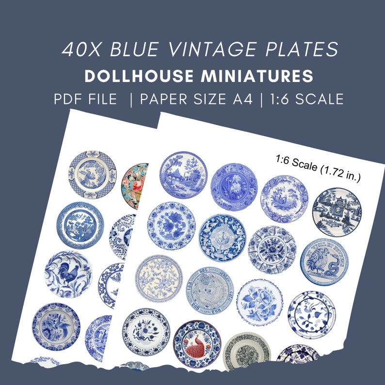 Blue Vintage Miniature Plates Printable : Dollhouse Plate PDF (digital ...