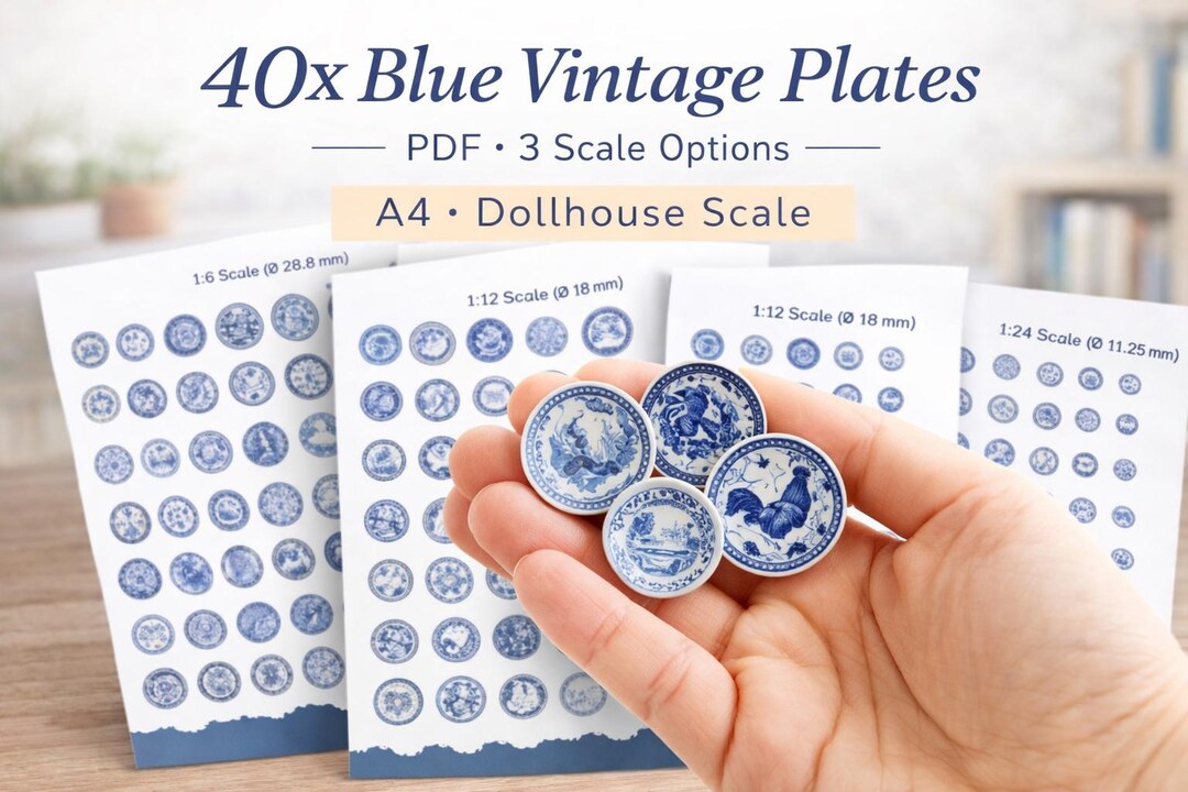 Blue Vintage Miniature Plates Printable : Dollhouse Plate PDF (digital ...