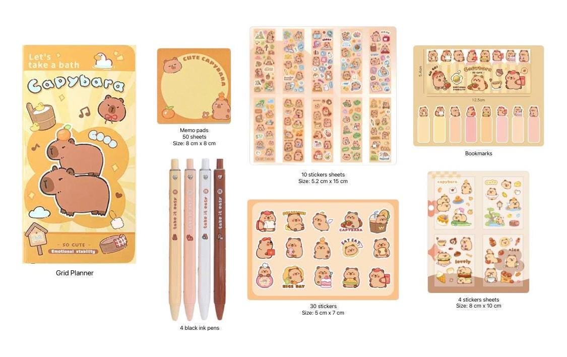 Capybara Stationery Essentials Weekly Grid Planner Pens Bookmarks ...