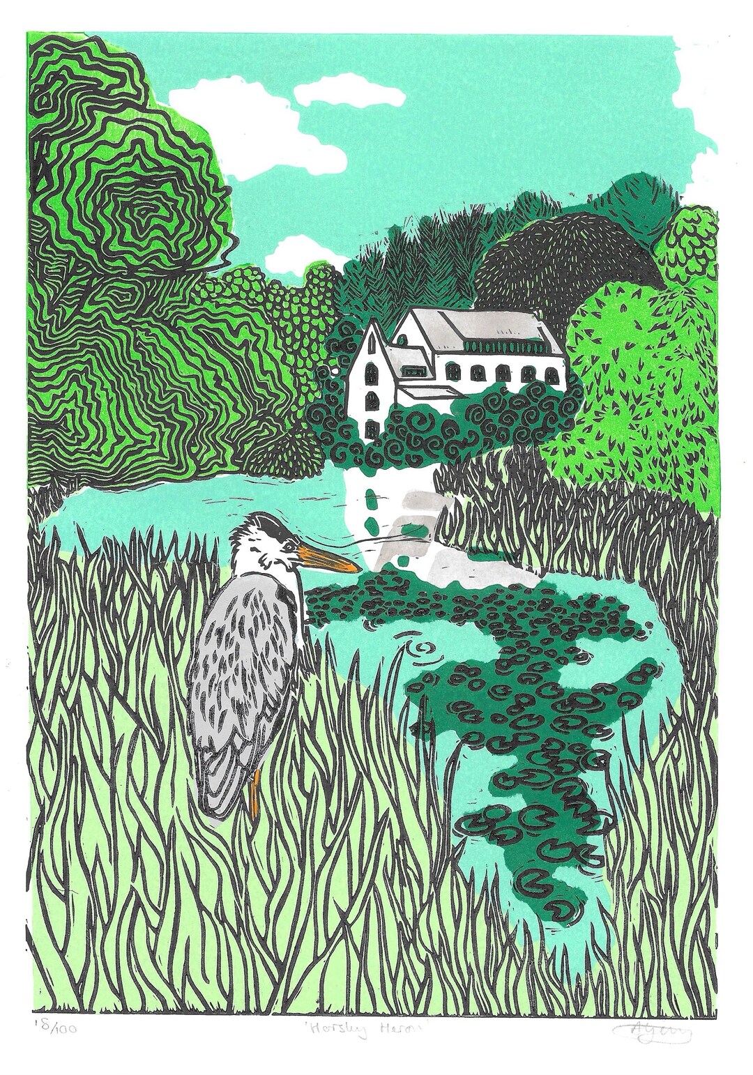Horsley Heron Linocut Print | Multi-colour Jigsaw Linoprint | Hand ...