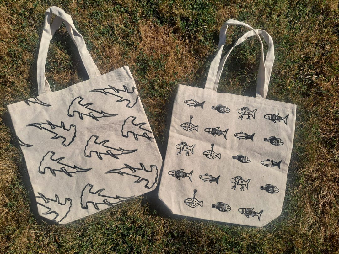 Hammerhead and Fishy Block Printed Tote Bags - Etsy