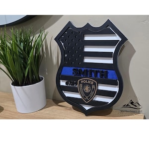 Custom Police Shield Wall Plaque - Personalized Thin Blue Line Design ...