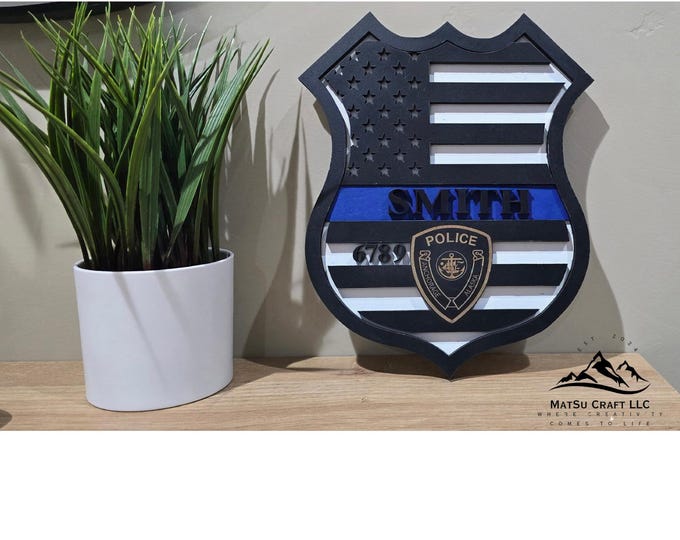 Custom Police Shield Wall Plaque - Personalized Thin Blue Line Design ...