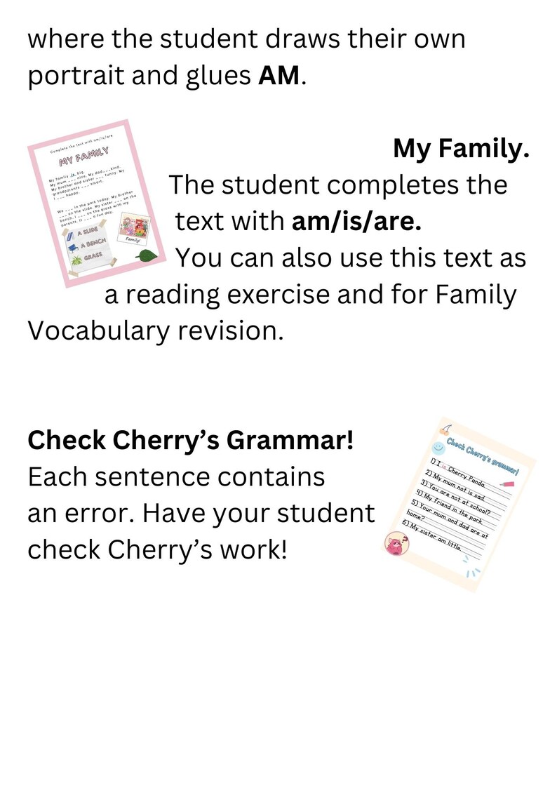 Printable PDF: ESL Grammar Worksheets, Posters and Games - to Be (am/is ...