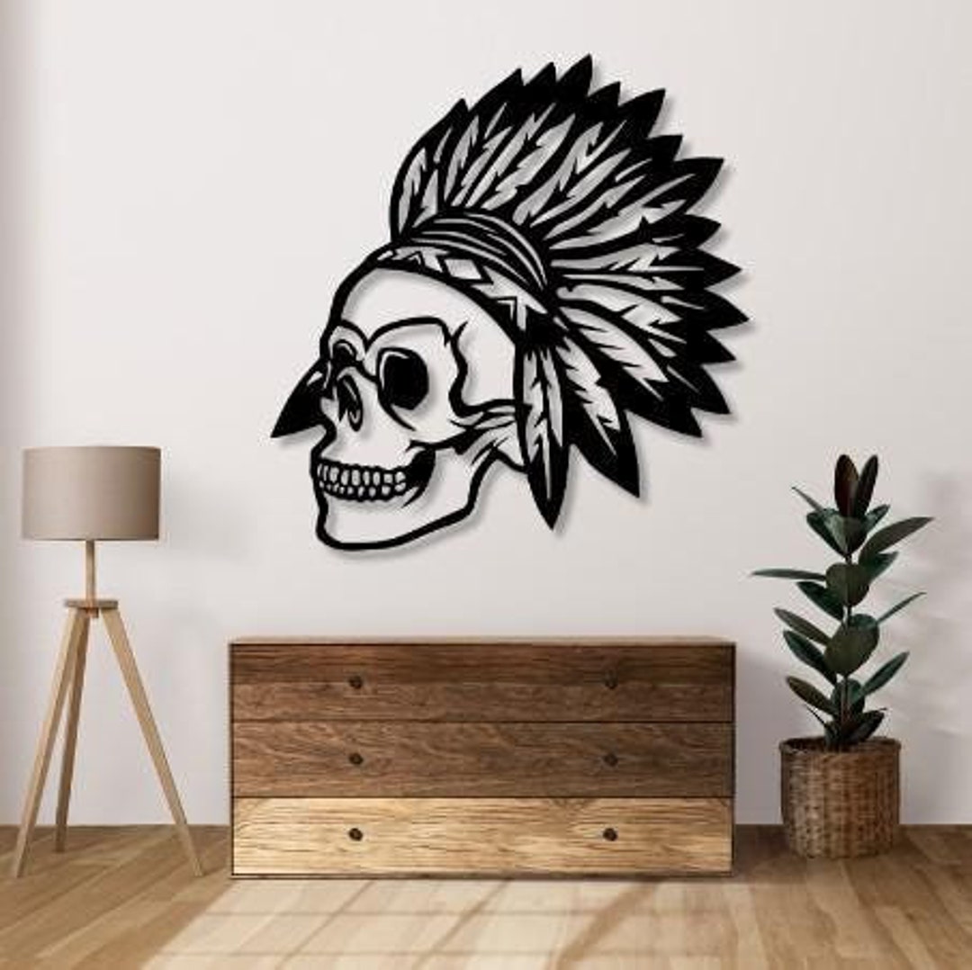 Native Svg Dxf Png Files American Skull Indian Chief Wall Art Cut File ...