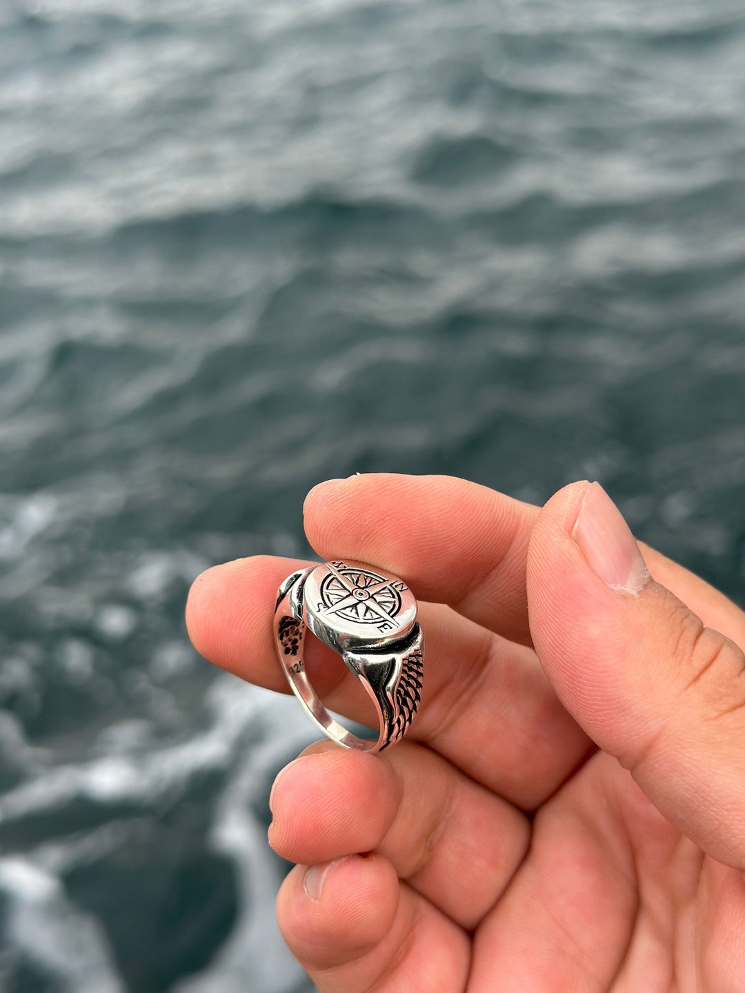 Sterling Silver Compass Ring, Wings Silver Ring, Sterling Silver Rings for Men, Journey Compass ...