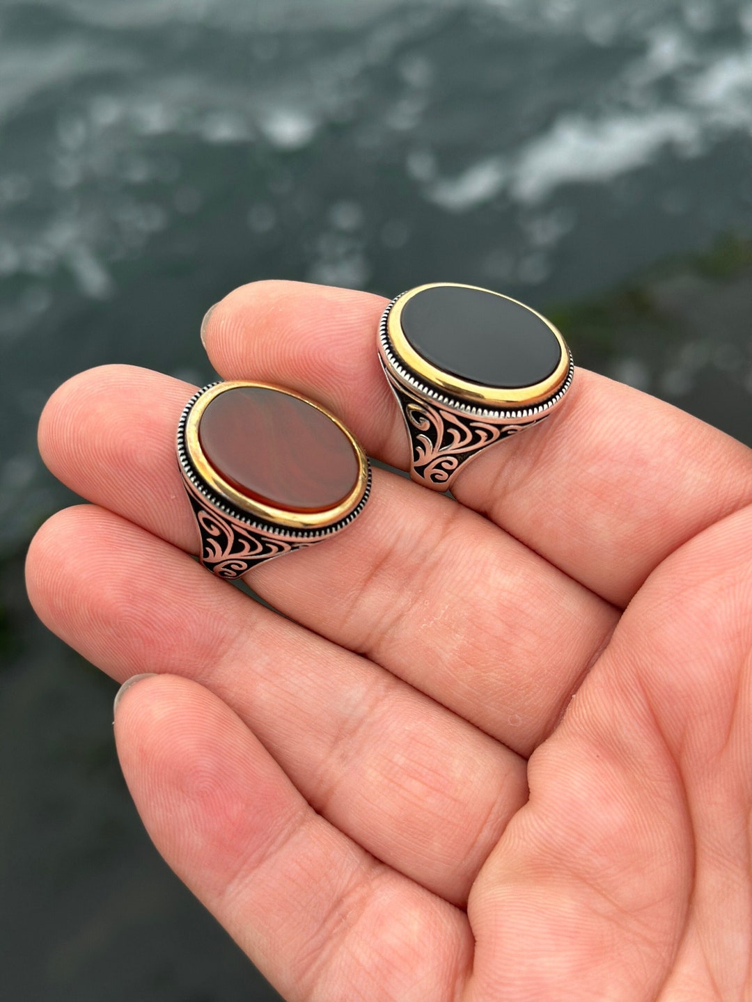 925 Sterling Silver Black & Red Oval Rings, Black Stone Rings for Men ...