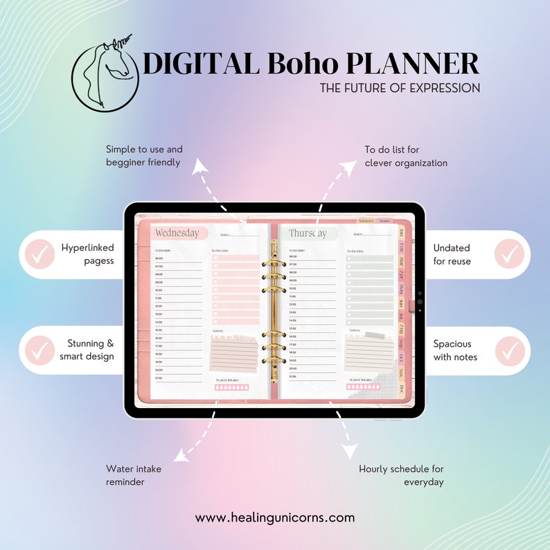 Boho Digital Planner I Pink Digital Planer I Monthly Weekly Planner I ...