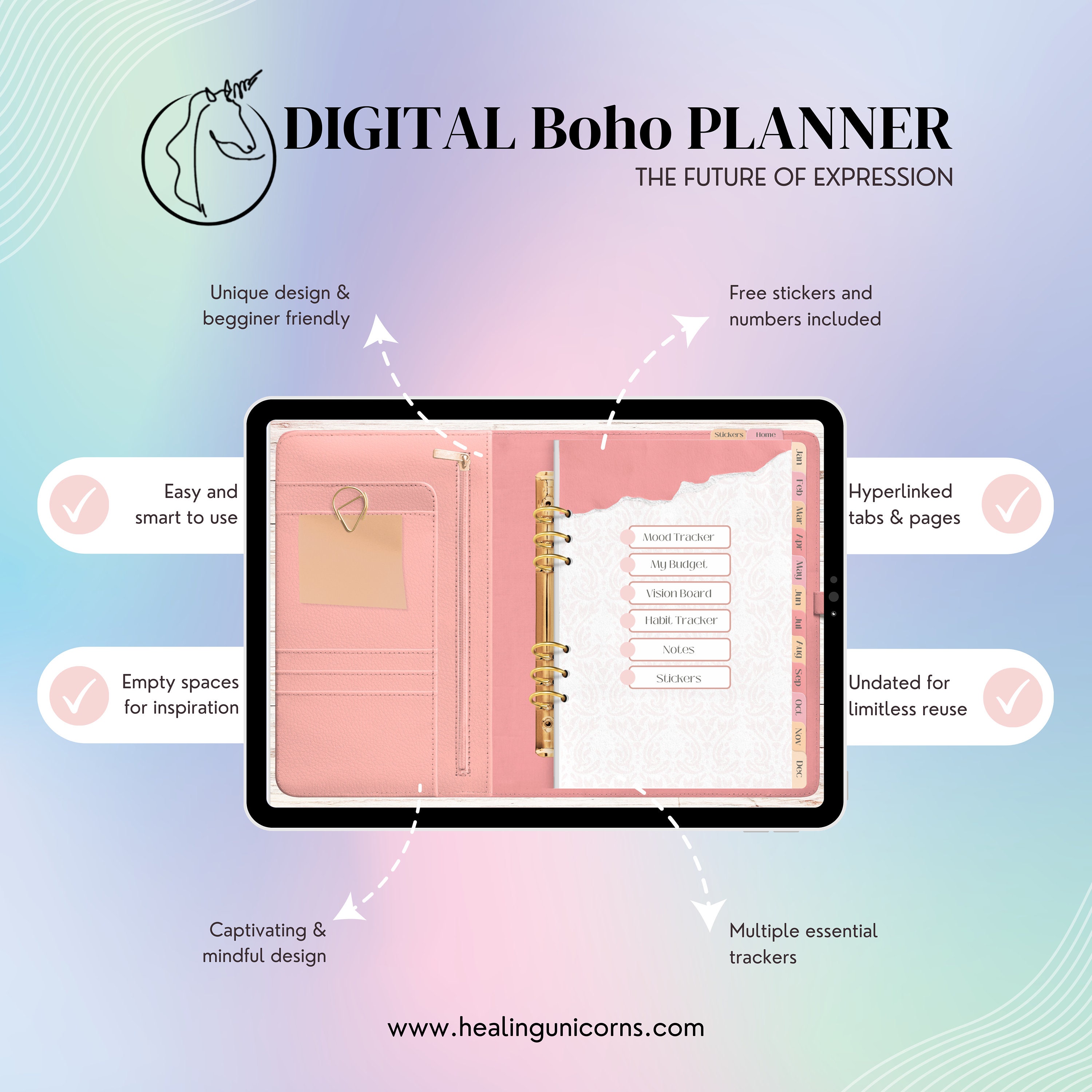 Boho Digital Planner I Pink Digital Planer I Monthly Weekly Planner I ...