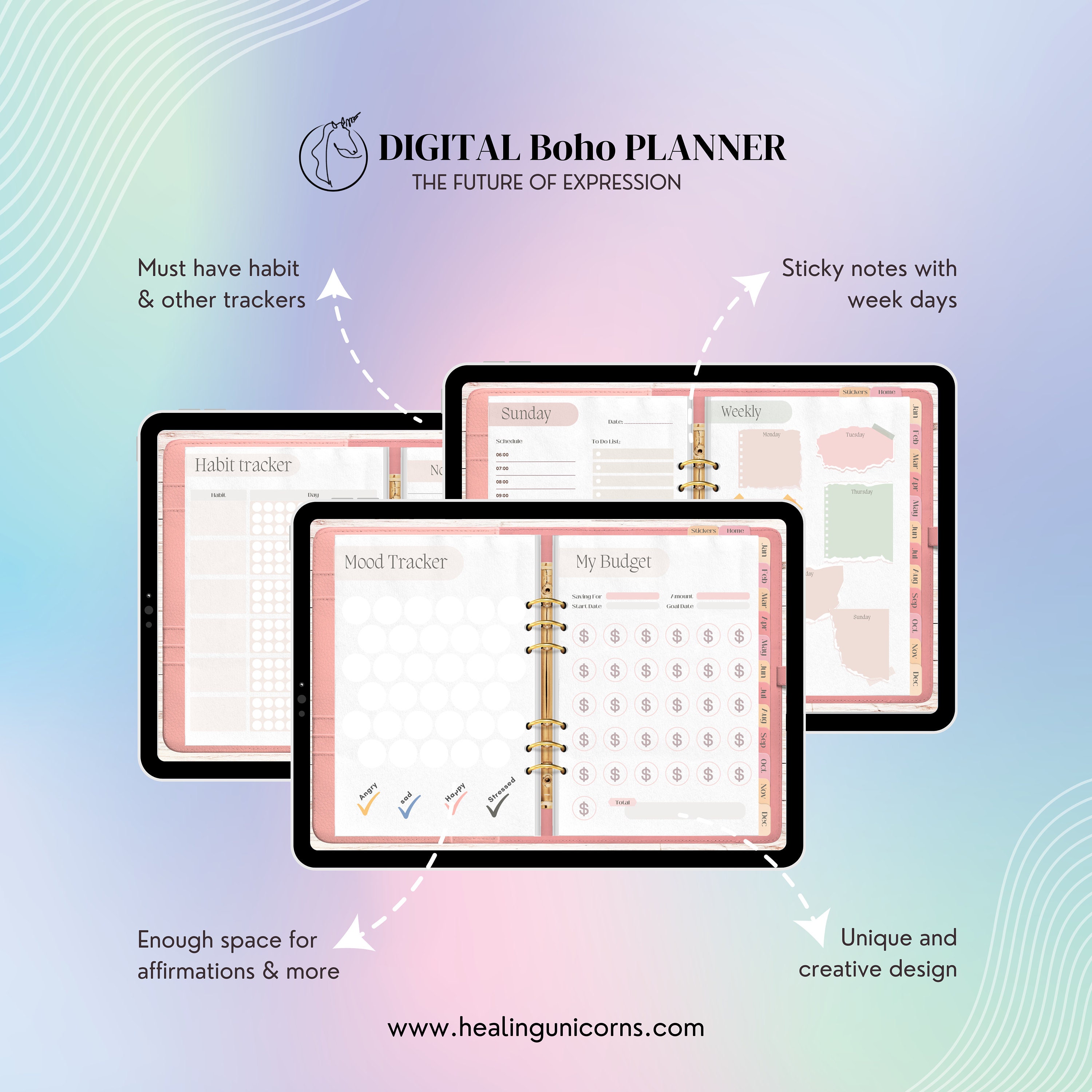Boho Digital Planner I Pink Digital Planer I Monthly Weekly Planner I ...