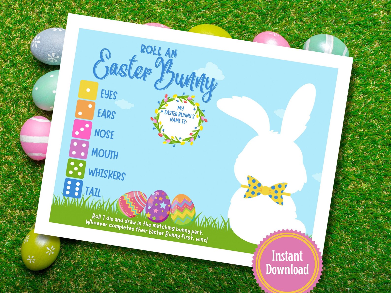 Roll an Easter Bunny Game, Printable Easter Game for Kids, Easy Easter ...