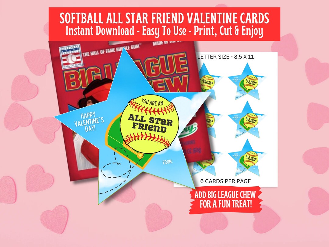 ALL STAR FRIEND Softball Valentines Day Card for Big League Chew, Kids ...