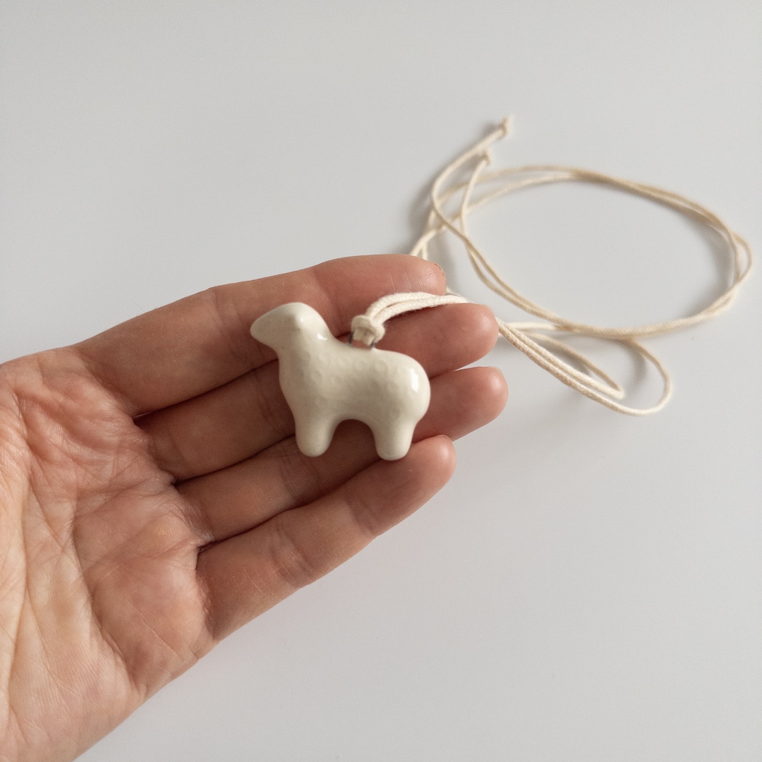 Ceramic Necklace Sheep Pendant on a Cord, Porcelain Charm, Cute Ram ...
