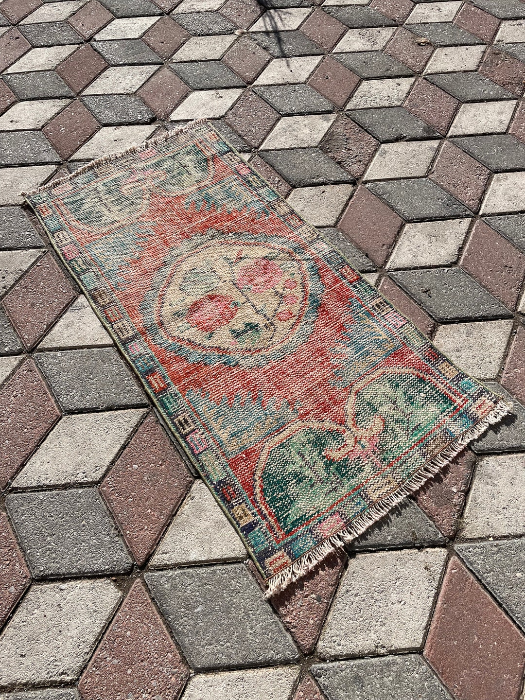 2x4.1 FT Small Vintage Rug Small Oushak Rug Turkish Vintage Rug Pale ...