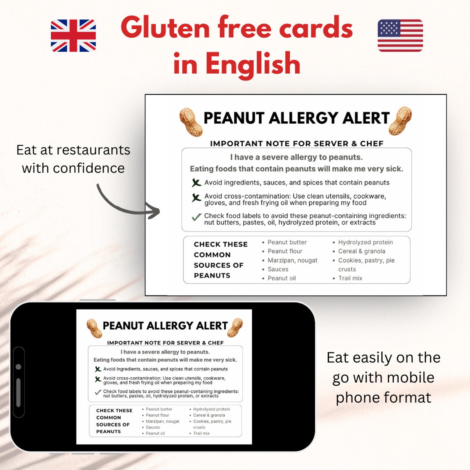 Printable English Peanut Allergy Card • Allergy Alert Restaurant Card ...