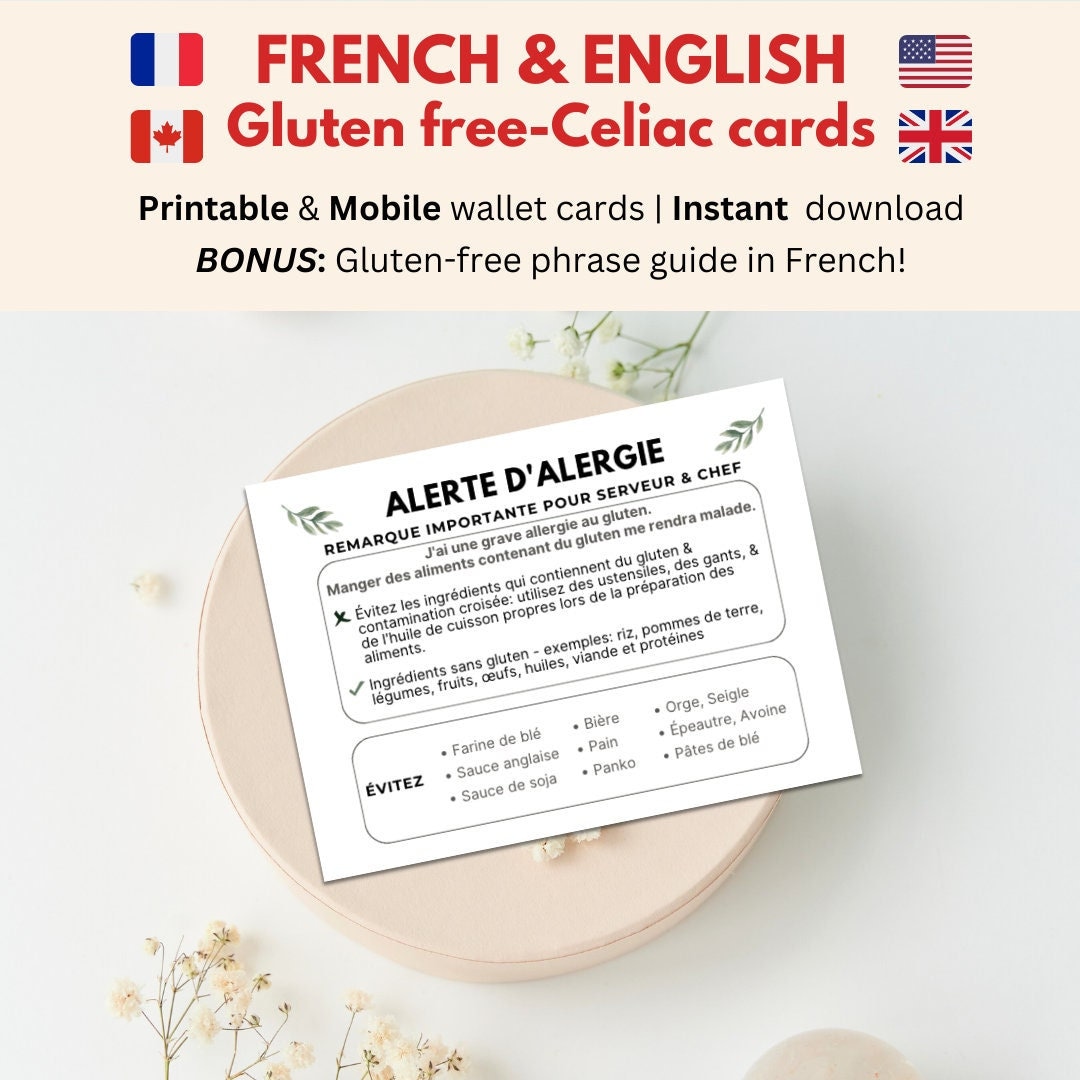 Printable French English Gluten Allergy Cards • Celiac Restaurant Card ...