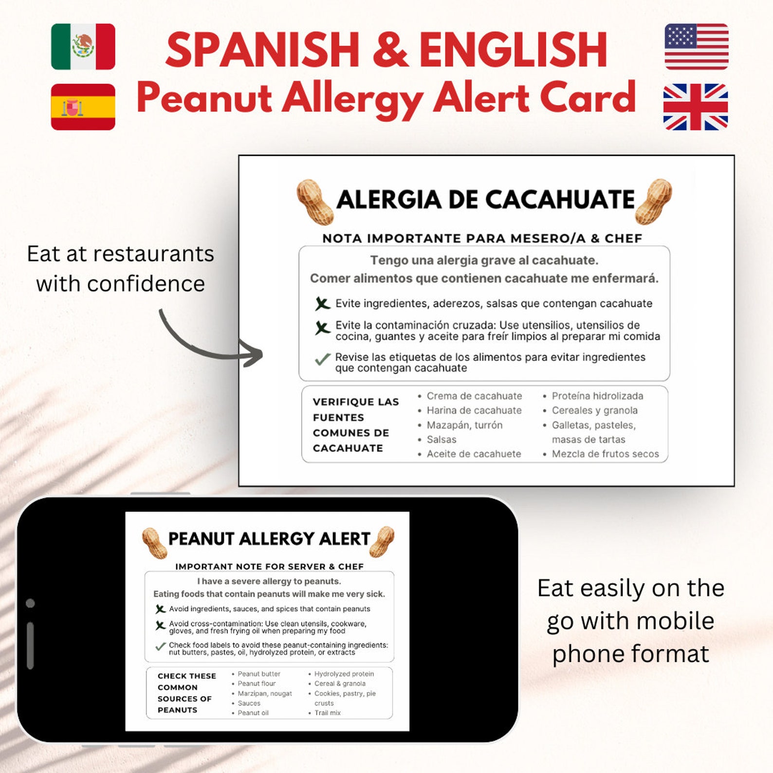 Printable Spanish Peanut Allergy Card • Peanut Allergy Restaurant Card ...