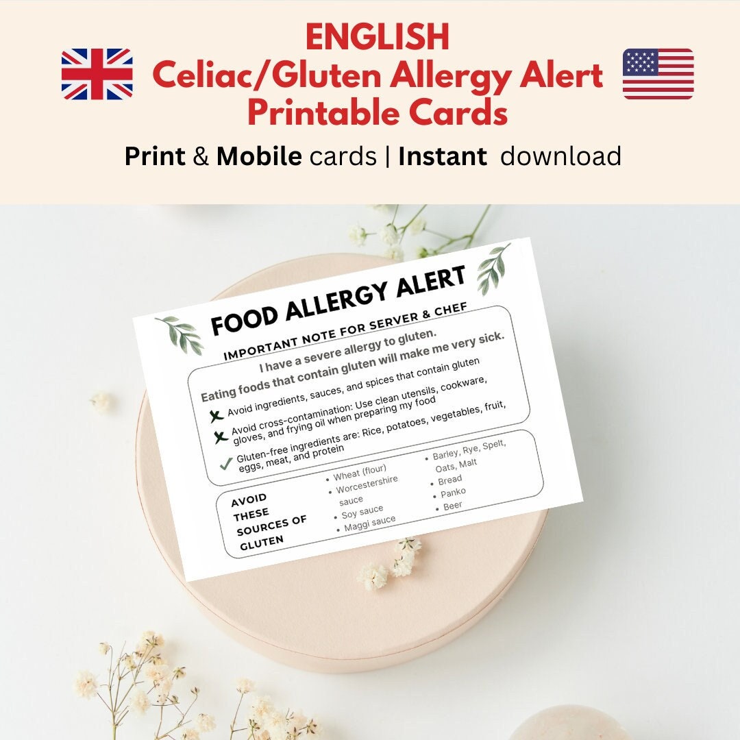 Printable English Gluten Allergy Card • Celiac Restaurant Card • Travel ...